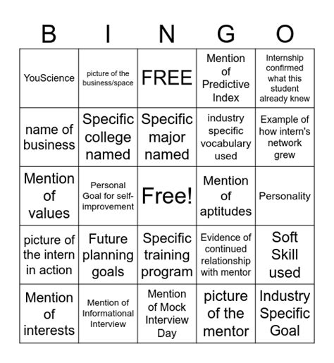 Internship Bingo Card