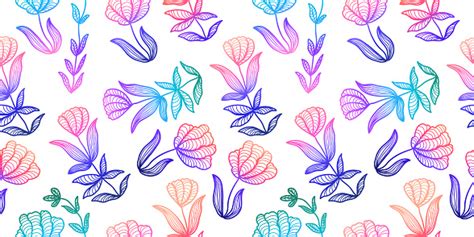 그라디언트 스타일의 다채로운 이음매 없는 꽃 패턴 패션 벽지 포장지 배경 직물 섬유 의류 및 카드 디자인을 위한 손으로 그린 꽃