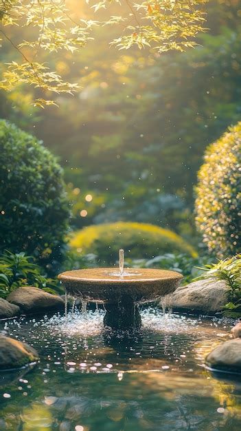 Peaceful Meditation Garden With A Trickling Fountain Premium Ai