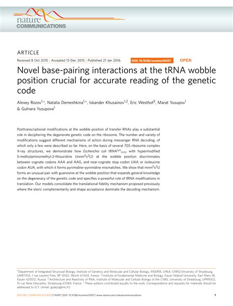 Pdf Novel Base Pairing Interactions At The Trna Wobble Position