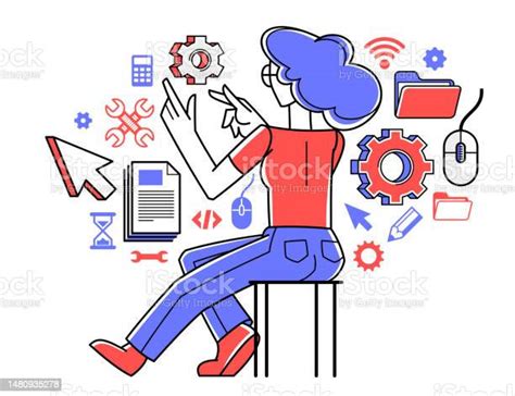 Woman Technician Computer Engineer Repairing Pc Vector Outline Illustration Fixing System Work