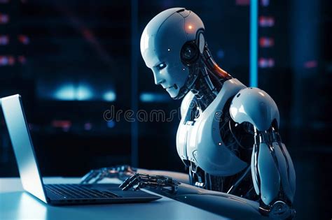 Robot Sitting At Desk With Laptop Computer In Front Of It Generative