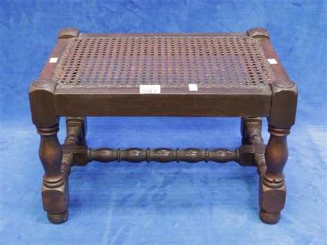 Lot Turned Oak Footstool With Weaved Rattan Top