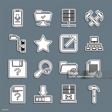 라인 해머 알 수없는 문서 컴퓨터 네트워크 서버 데이터 웹 호스팅 별 폴더 트리 모바일 녹화 및 새 창 열기 아이콘을 설정합니다 벡터 1위에 대한 스톡 벡터 아트 및 기타