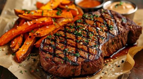 Steak With A Side Of Sweet Potato Fries And A Dipping Sauce Premium Ai Generated Image