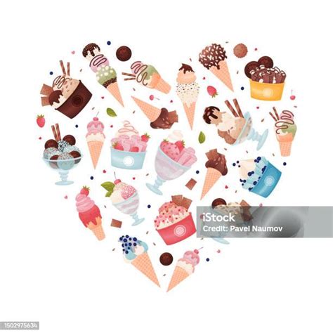 맛있는 아이스크림 하트 모양의 구성 디자인 와플 콘 및 컵 벡터 템플릿에 냉동 디저트 0명에 대한 스톡 벡터 아트 및 기타 이미지 0명 과일 구 Istock