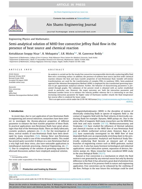 Pdf Semi Analytical Solution Of Mhd Free Convective Jeffrey Fluid Flow In The Presence Of Heat