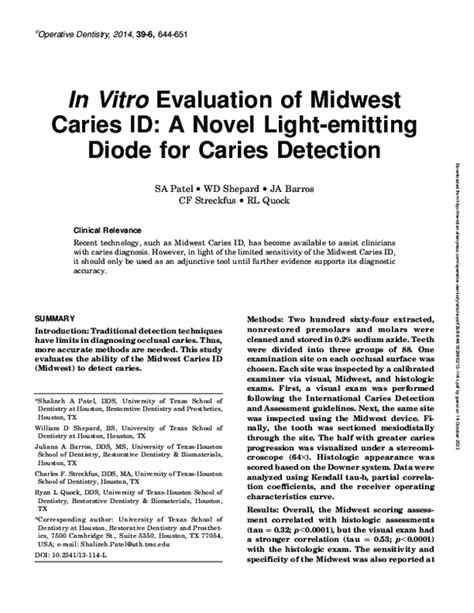 Pdf In Vitro Evaluation Of Midwest Caries Id A Novel Light Emitting Diode For Caries Detection