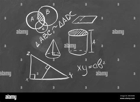 Different Drawn Geometric Figures And Math Formulas On Black Chalkboard Stock Photo Alamy