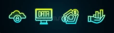 Set Line Cloud Computing Lock Data Analysis Financial Growth And Pie