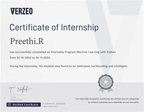 Preethi R On Linkedin Machinelearningusingpython Verzeo