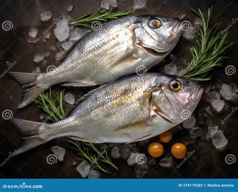 Gilt Head Bream Dorade And Rosemary On Ice Top View Stock
