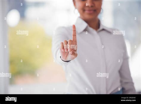 Finger User Interface And Business Woman In Office With Hand Gesture