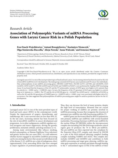 Pdf Association Of Polymorphic Variants Of Mirna Processing Genes With Larynx Cancer Risk In A