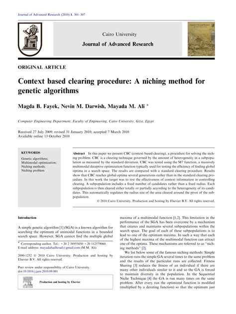 Pdf Context Based Clearing Procedure A Niching Method For Genetic Algorithms