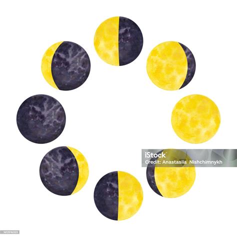 노란 달의 위상이 둥글다 초승달에서 보름달까지의 은하 주기 아름다운 질감으로 손으로 흰색 배경에 분리된 수채화 그림을 그립니다