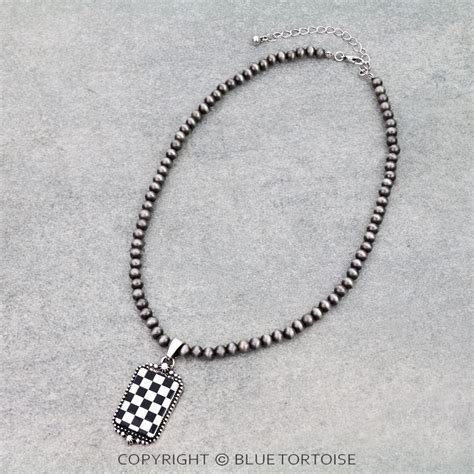Checker Pattern Rectangle Necklace Bluetortoisewholesale