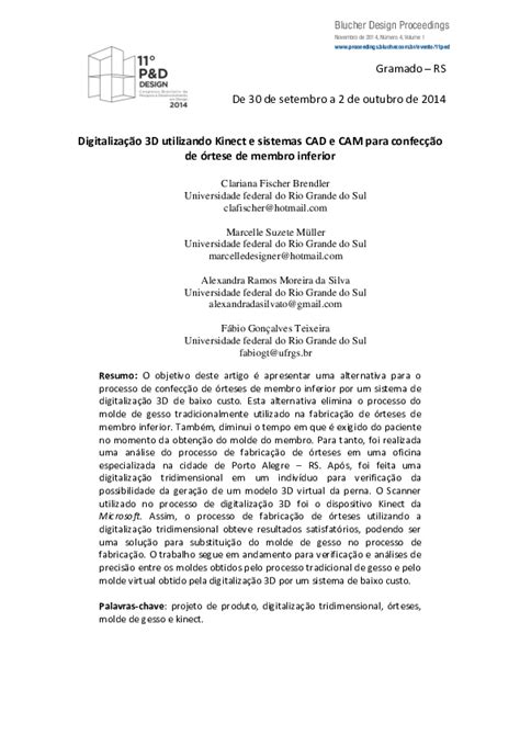 Pdf Digitalização 3d Utilizando Kinect E Sistemas Cad E Cam Para Confecção De órtese De Membro