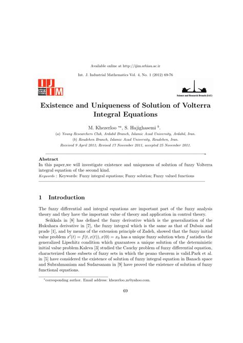 Pdf Existence And Uniqueness Of Solution Of Volterra Integral Equations