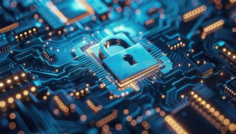 Futuristic Cybersecurity With Digital Lock On Circuit Board Encryption Firewall And Robotics