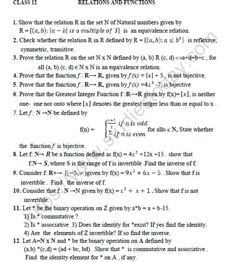Cbse Class 12 Mathematics Relation And Function Worksheet Set B