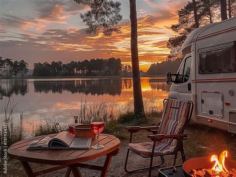 Stockfoto Med Beskrivningen 호수에 있는 캠핑카 사진 캠핑카 앞에 테이블과 의자가 있습니다 테이블 위에는 책이 있고 테이블 위에는 적포도주 한 잔이