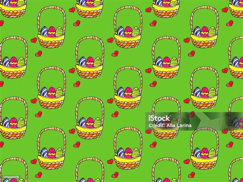 부활절 낙서 수채화 바구니 달걀입니다 녹색 배경 패턴에 고립 된 손으로 그린 부활절 낙서 귀여운에 대한 스톡 벡터 아트 및 기타