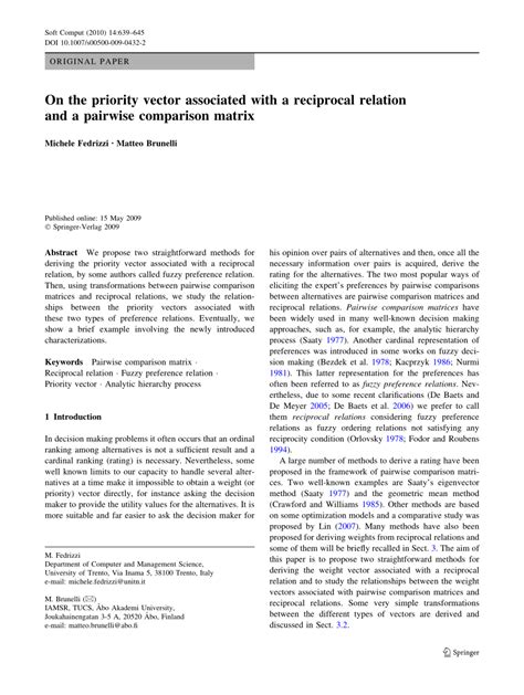 Pdf On The Priority Vector Associated With A Reciprocal Relation And