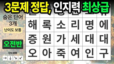 3문제 정답자는 인지력 최상입니다 오전반 18 숨은단어찾기치매예방치매테스트치매예방퀴즈단어퀴즈치매예방활동낱말퀴즈 Youtube