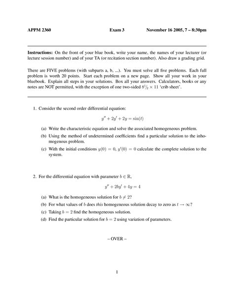 Exam 3 In Appm 2360 Differential Equations And Complex Analysis