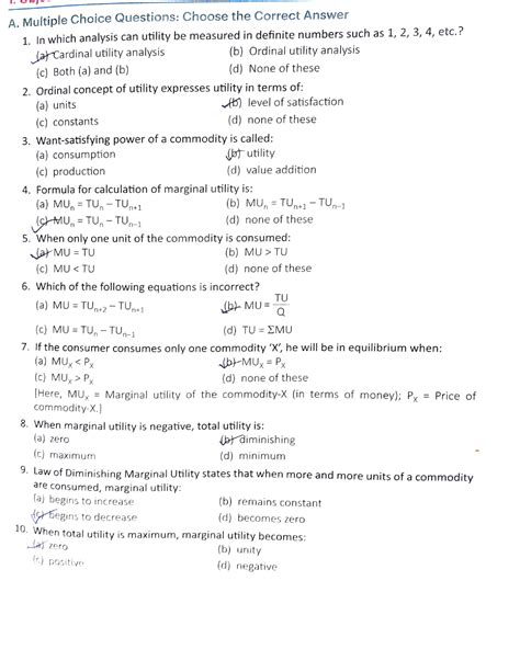 Objective Question Of Consumer Equilibrium A Multiple Choice