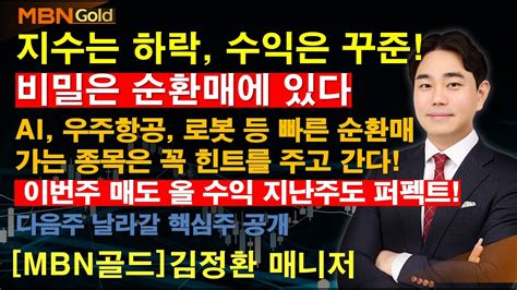 Mbn골드 김정환 지수는 하락 수익은 꾸준 비밀은 순환매에 있다 Ai우주항공 로봇 등 빠른 순환매 가는 종목은 꼭 힌트를 주고 간다 이번주 매도 올 수익