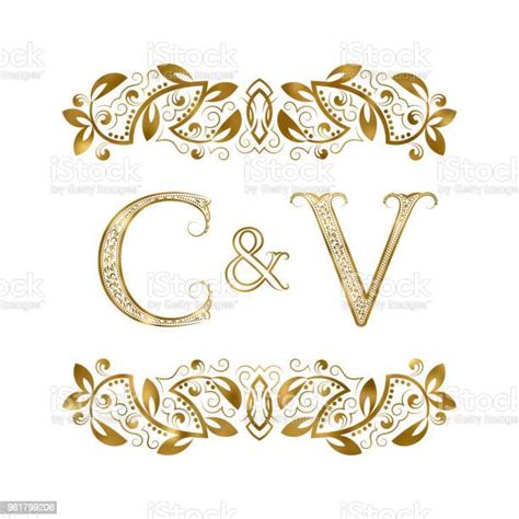 C와 V 빈티지 이니셜 기호입니다 글자 장식 요소에 의해 포위 된다 결혼식 또는 로얄 스타일에서 비즈니스 파트너 모노 그램입니다 고풍스런에 대한 스톡 벡터 아트 및 기타