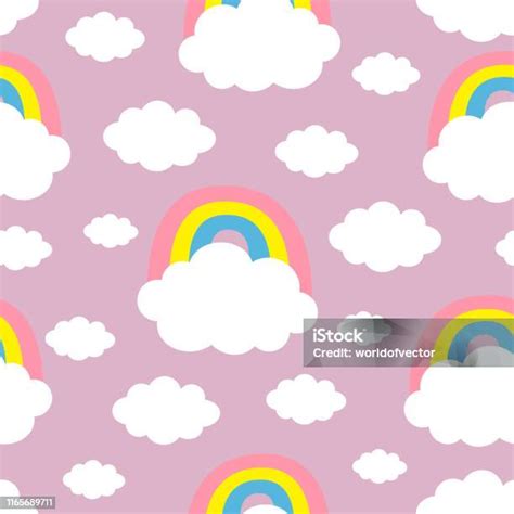 원활한 패턴 구름 다채로운 무지개입니다 귀여운 만화 가와이 재미 아기 아이 장식입니다 포장지 섬유 템플릿 보육 장식 보라색 배경입니다 플랫 디자인 0명에 대한 스톡 벡터