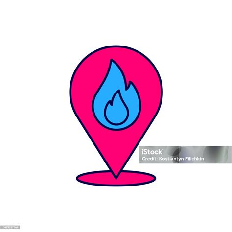 흰색 배경에 격리된 불 불꽃 아이콘이 있는 채워진 개요 지도 포인터 근처에 불이 붙었습니다 벡터 가득 찬에 대한 스톡 벡터 아트