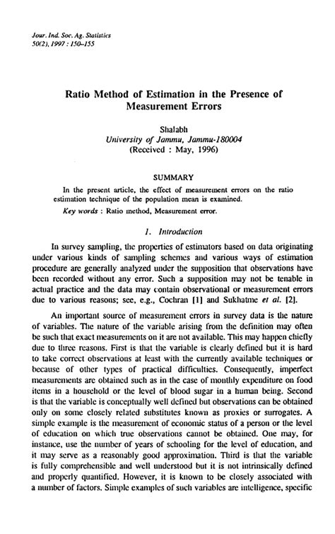 Pdf Ratio Method Of Estimation In The Presence Of Measurement Errors