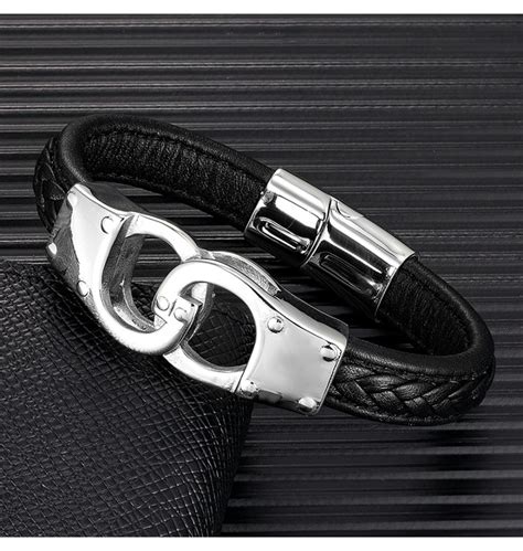 Mkendn 고품질 스테인레스 스틸 수갑 팔찌 남자 정품 가죽 팔찌 Menottes Bijoux 커플 팔찌 티몬