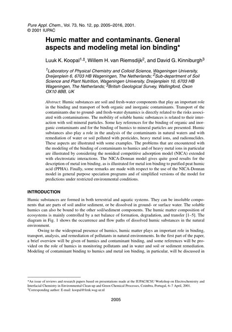 Pdf Humic Matter And Contaminants General Aspects And Modeling Metal Ion Binding