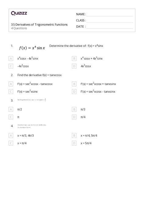 50 derivatives of trigonometric functions worksheets on quizizz free