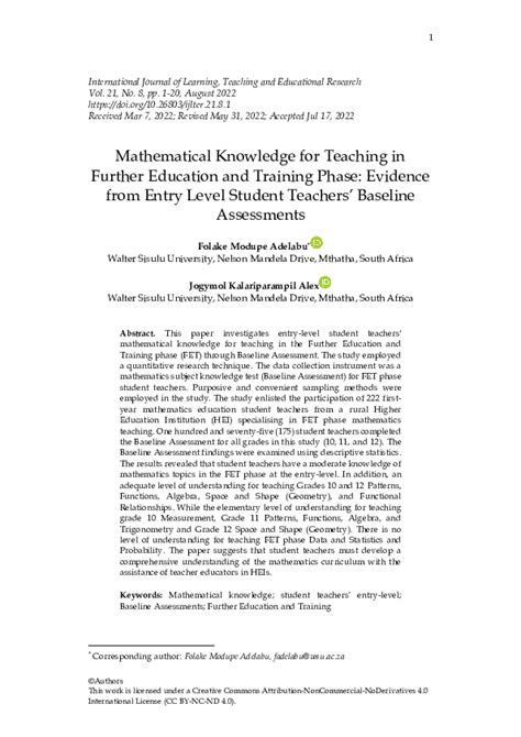 Pdf Mathematical Knowledge For Teaching In Further Education And