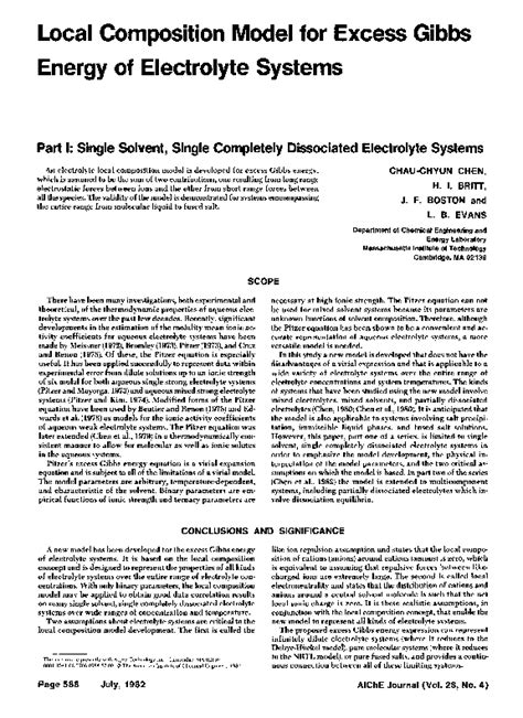 Pdf Local Composition Model For Excess Gibbs Energy Of Electrolyte