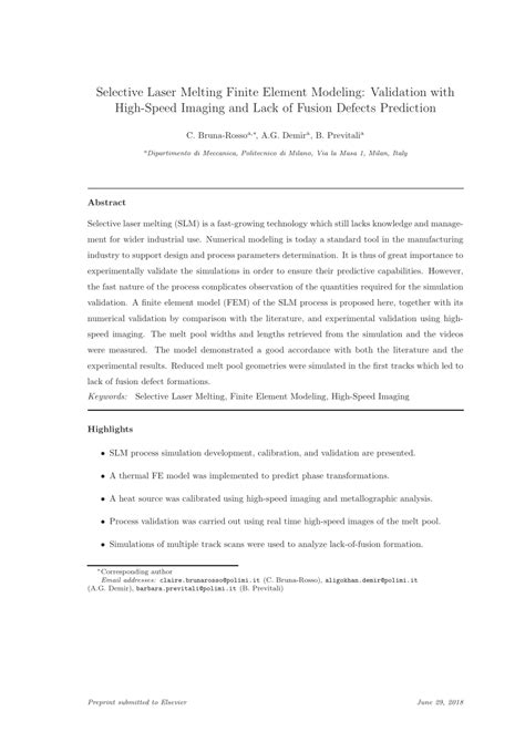 Pdf Selective Laser Melting Finite Element Modeling Validation With