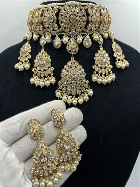925 Sterling Silver Moissanite Polki Bridal Necklace And Earring Set