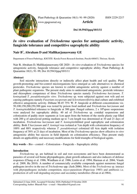 Pdf In Vitro Evaluation Of Trichoderma Species For Antagonistic Activity Fungicide Tolerance
