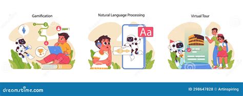 Engaging Ai In Education Set Flat Vector Illustration Stock