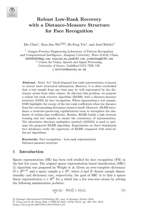 Pdf Robust Low Rank Recovery With A Distance Measure Structure For Face Recognition 15th