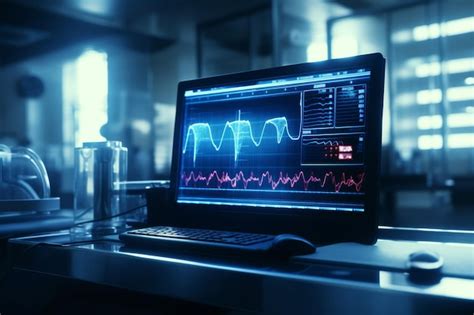 Neon Blue Glowing Line On Lab Monitor Waveform Display In Scientific