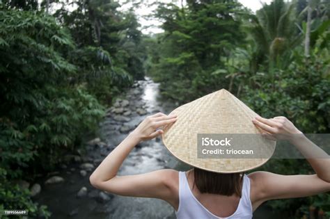 전통 대나무 모자를 쓰고 강과 열대 우림을 바라보는 여성의 뒷모습 열대 섬의 장마철 외딴 목적지의 관광 Unesco 조직된 단체에 대한 스톡 사진 및 기타 이미지 Istock