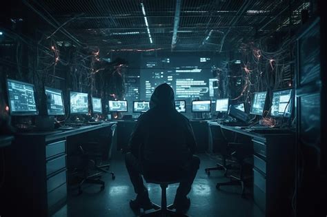 Premium Ai Image Programmer Working Is On Computers With Multiple Monitors Back View Generative Ai