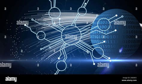 Image Of Microprocessor Connections Over Binary Coding Over Globe Against Blue Background Stock